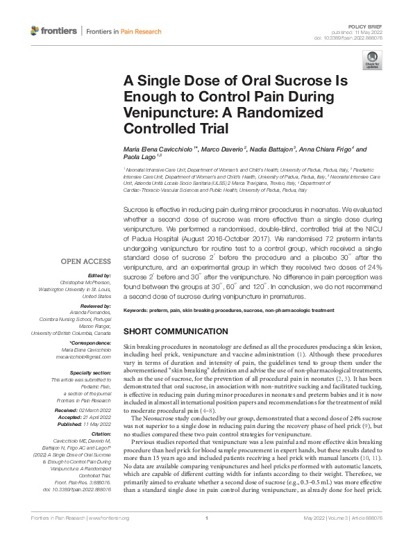 (PDF) A Single Dose of Oral Sucrose Is Enough to Control Pain During ...
