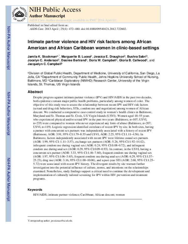 (PDF) Intimate partner violence and HIV risk factors among African ...