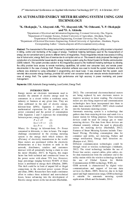 (PDF) An Automated Energy Meter Reading System Using GSM Technology