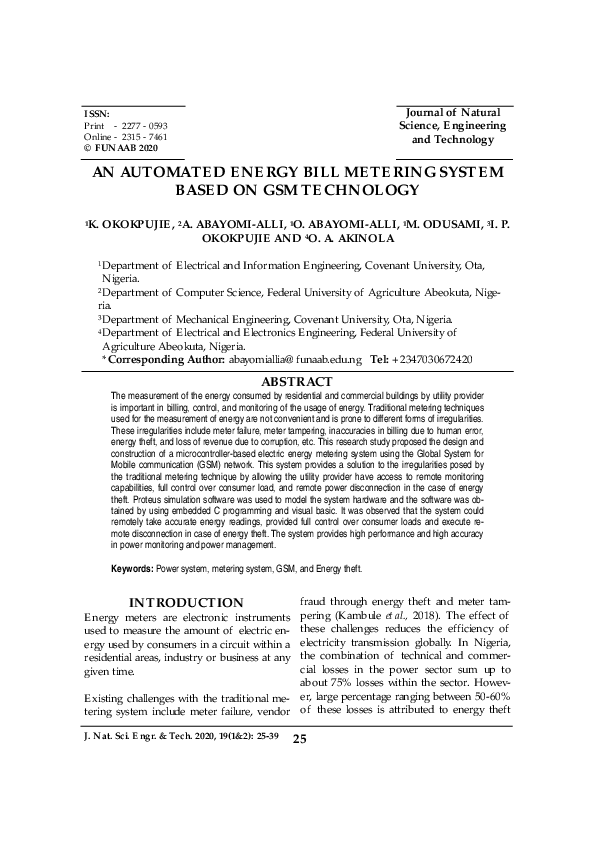 (PDF) An Automated Energy Bill Metering System Based on GSM Technology