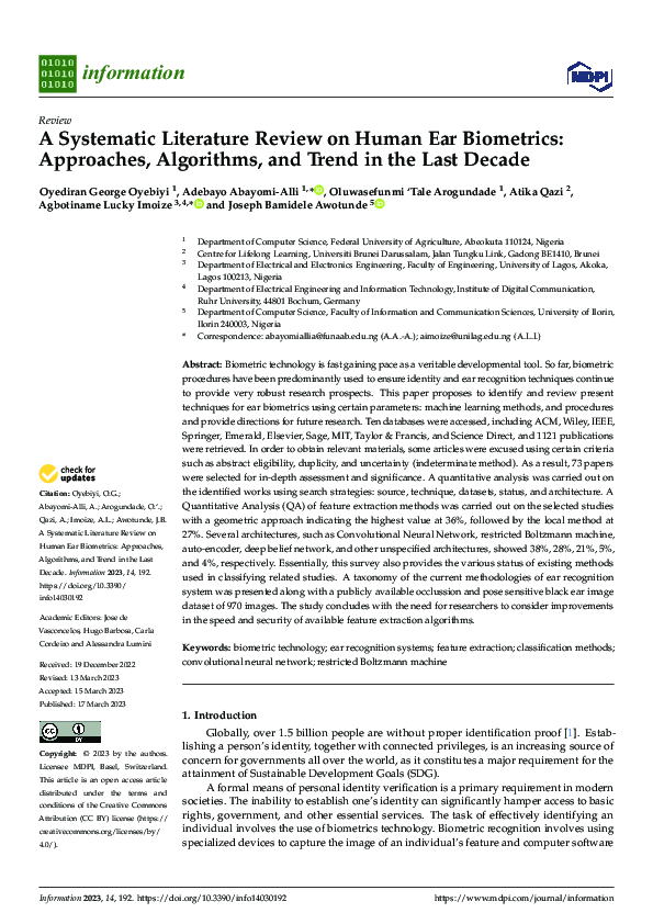 (PDF) A Systematic Literature Review on Human Ear Biometrics: Approaches, Algorithms, and Trend ...