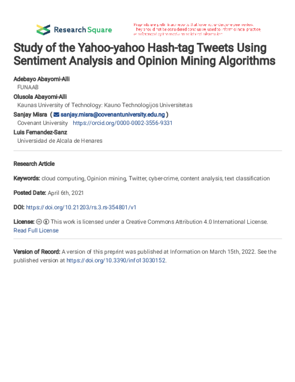 (PDF) Study of the Yahoo-yahoo Hash-tag Tweets Using Sentiment Analysis and Opinion Mining ...