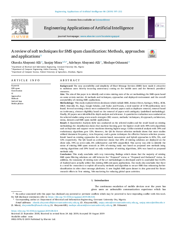 Pdf A Review Of Soft Techniques For Sms Spam Classification Methods