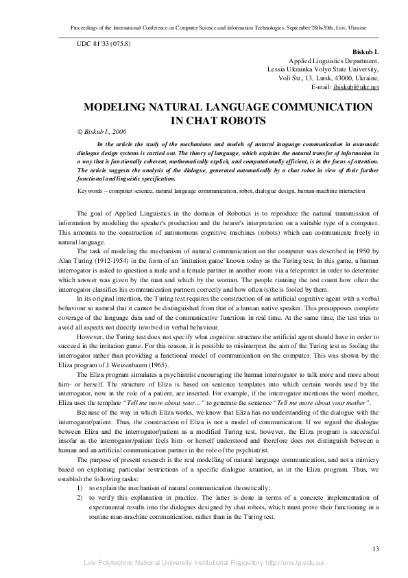 (PDF) Modeling Natural Language Communication in Chat Robots