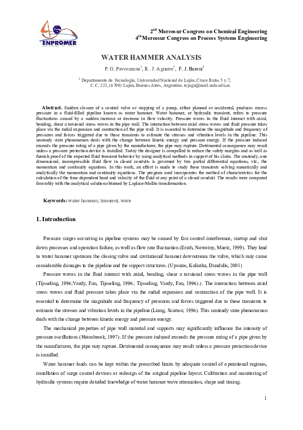 (PDF) Water Hammer Analysis