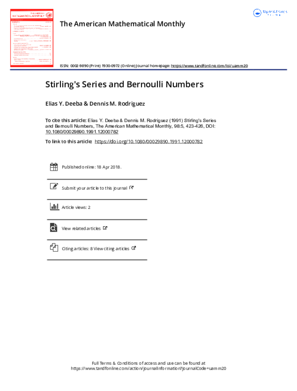(PDF) Stirling's Series and Bernoulli Numbers