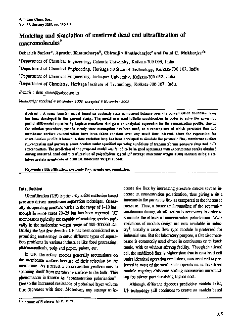 (PDF) Modeling and simulation of unstirred dead end ultrafiltration of macromolecules