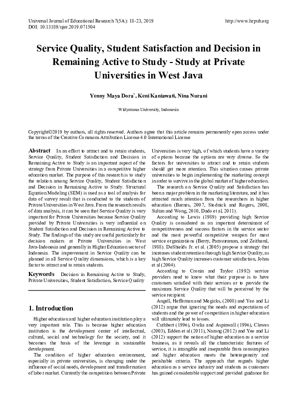 (PDF) Service Quality, Student Satisfaction and Decision in Remaining Active to Study - Study at ...