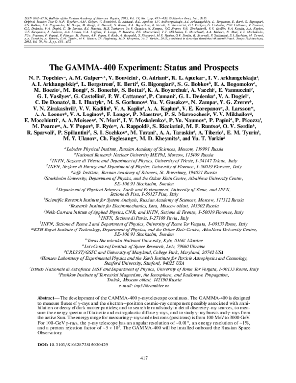 (PDF) The GAMMA-400 experiment: Status and prospects | Andrey Arkhangelskiy - Academia.edu