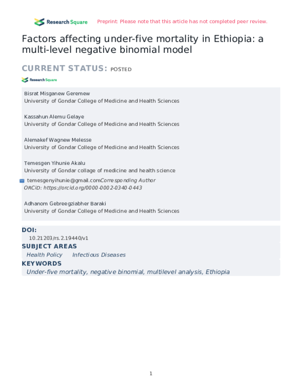 Pdf Factors Affecting Under Five Mortality In Ethiopia A Multi Level