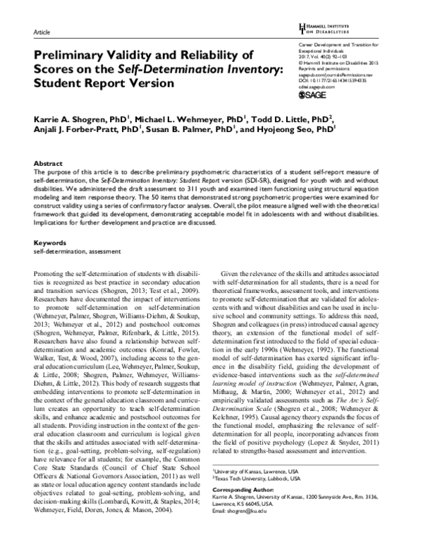 (PDF) Preliminary Validity and Reliability of Scores on the Self ...