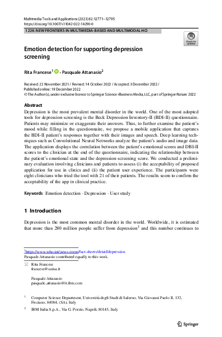 (PDF) Emotion detection for supporting depression screening
