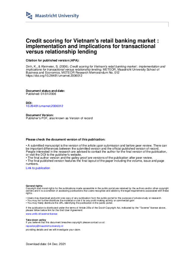 (PDF) Credit scoring for Vietnam's retail banking market ...