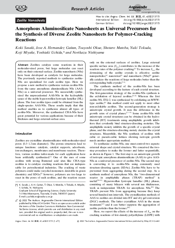 (PDF) Amorphous Aluminosilicate Nanosheets as Universal Precursors for ...