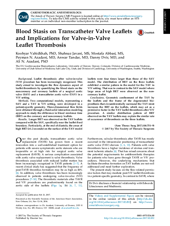 (PDF) Blood Stasis on Transcatheter Valve Leaflets and Implications for ...