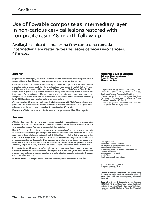 Pdf Use Of Flowable Composite As Intermediary Layer In Non Carious Cervical Lesions Restored