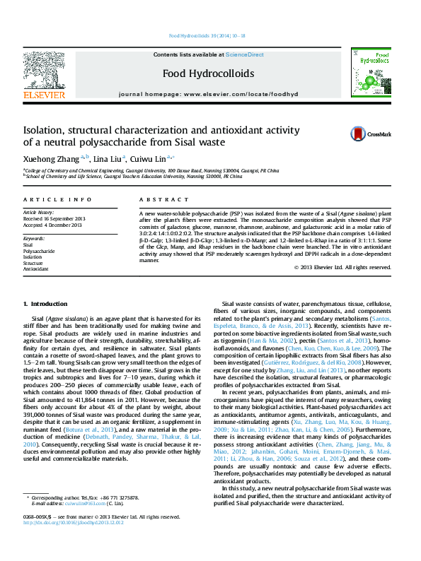 (PDF) Isolation, structural characterization and antioxidant activity of a neutral ...