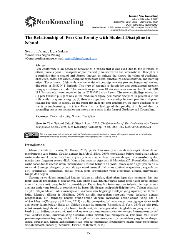 (PDF) The Relationship of Peer Conformity with Student Discipline in School
