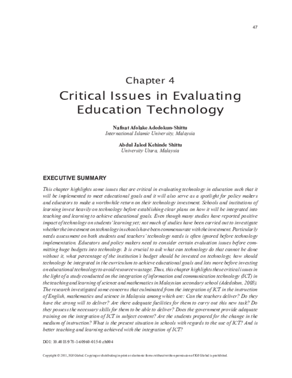 Critical Issues in Evaluating Education Technology