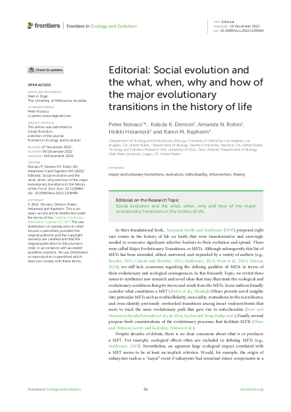 (PDF) Editorial: Social evolution and the what, when, why and how of ...