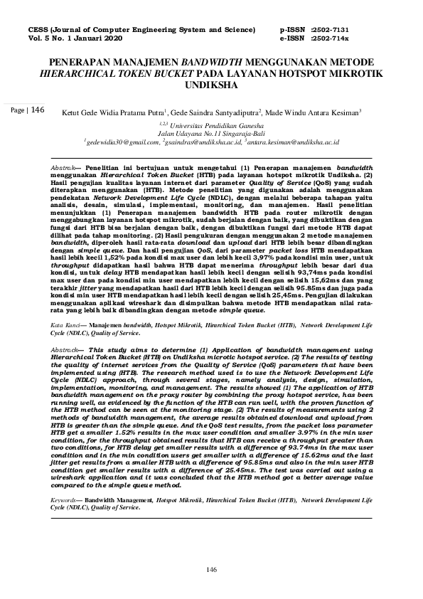 Pdf Penerapan Manajemen Bandwidth Menggunakan Metode Hierarchical Token Bucket Pada Layanan