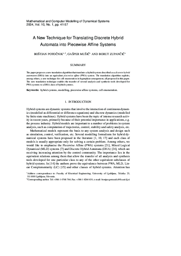 (PDF) A New Technique for Translating Discrete Hybrid Automata into Piecewise Affine Systems