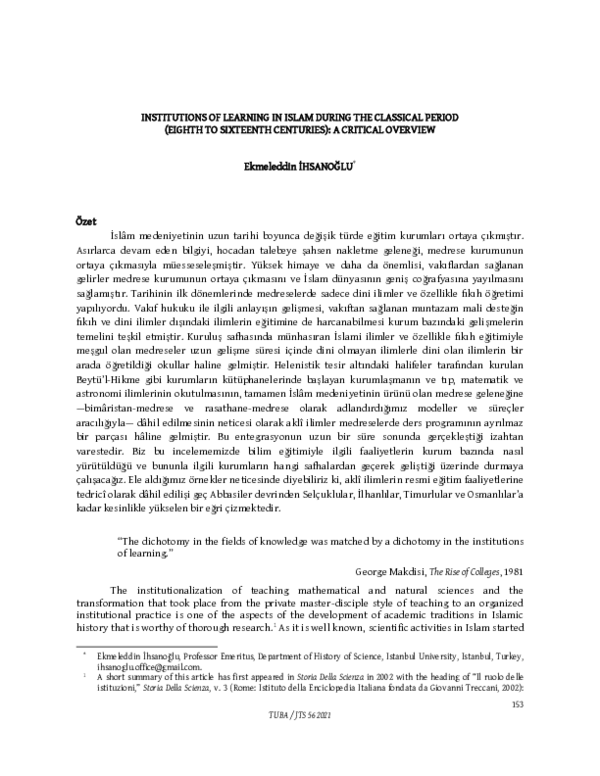 (PDF) INSTITUTIONS OF LEARNING IN ISLAM DURING THE CLASSICAL PERIOD (EIGHTH TO SIXTEENTH ...