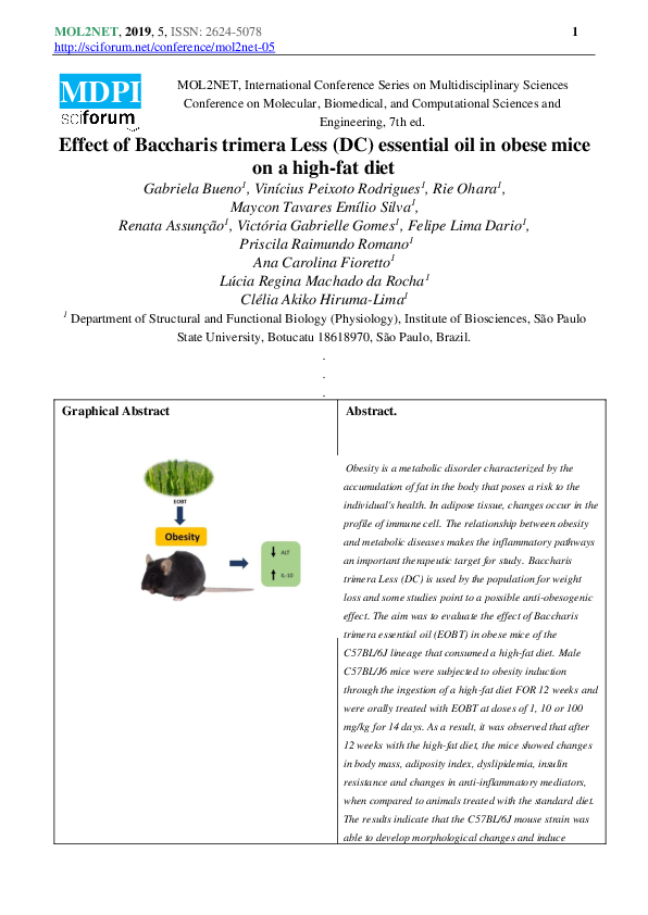 (PDF) Effect of Baccharis trimera Less (DC) essential oil in obese mice ...