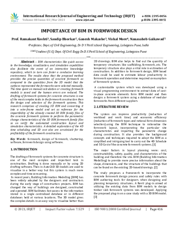 (PDF) Importance of Bim in Formwork Design