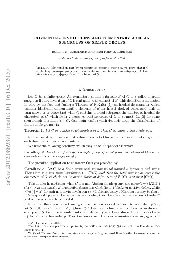 (PDF) Commuting involutions and elementary abelian subgroups of simple groups