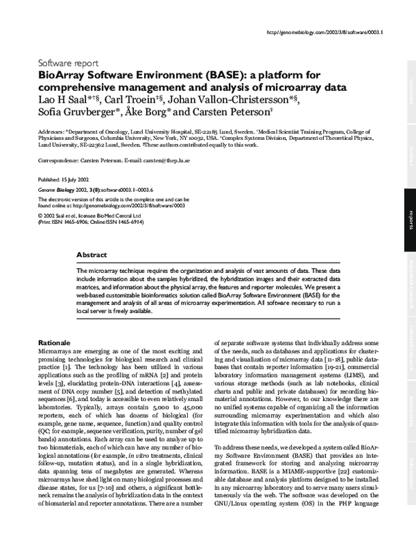 (PDF) BioArray Software Environment (BASE): a platform for comprehensive management and analysis ...