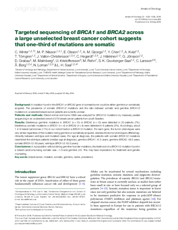 (PDF) Somatic BRCA1/2 Mutations in Unselected Breast Cancer Cohort