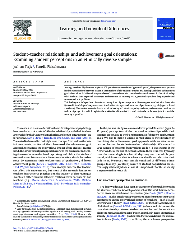 (PDF) Student–teacher relationships and achievement goal orientations: Examining student ...