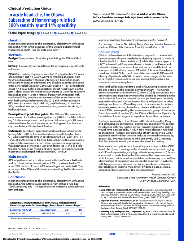 (PDF) In acute headache, the Ottawa Subarachnoid Hemorrhage rule had 100% sensitivity and 14% ...