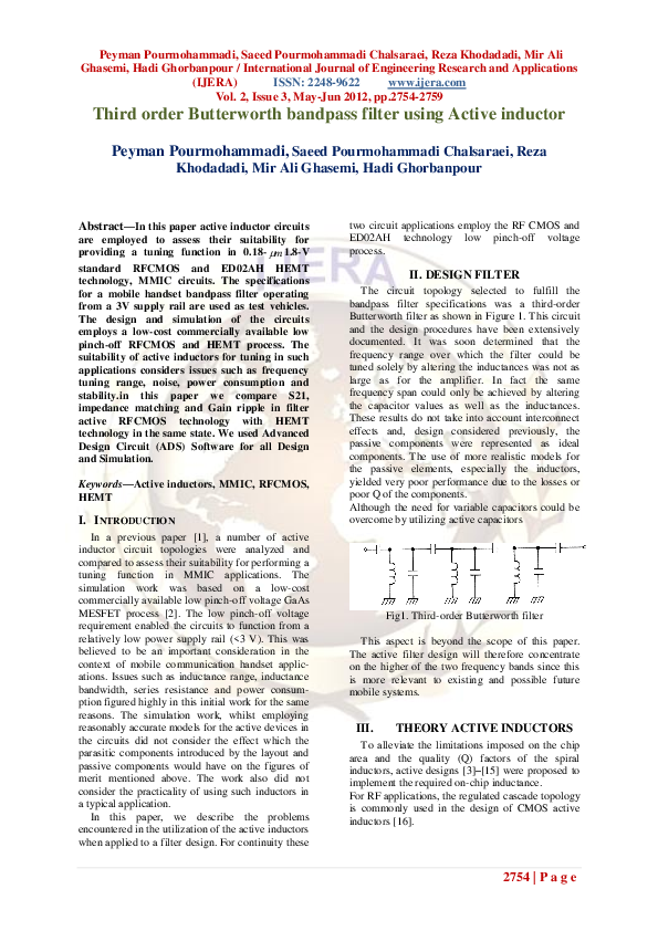 Pdf Third Order Butterworth Bandpass Filter Using Active Inductor