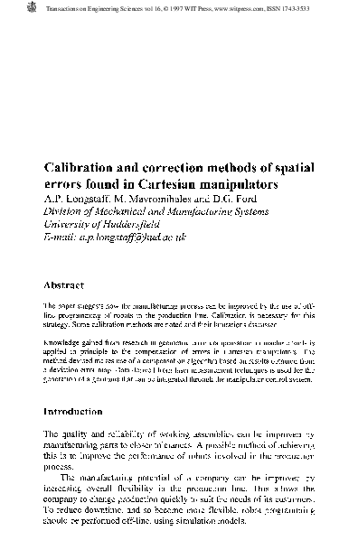 Pdf Calibration And Correction Methods Of Spatialerrors Found In Cartesian Manipulators