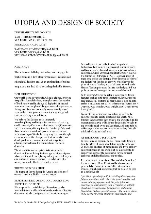 (PDF) Utopia and design of society