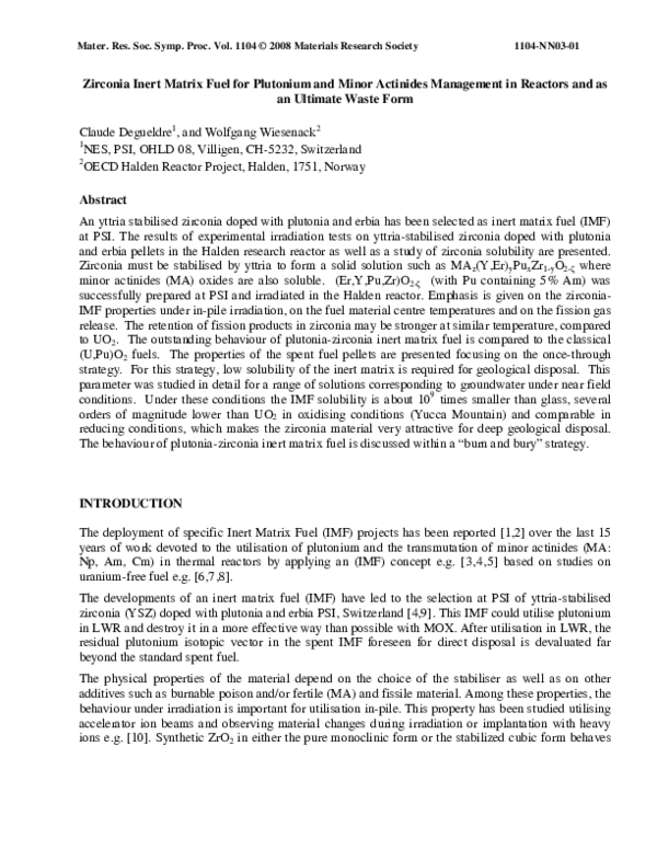 (PDF) Zirconia Inert Matrix Fuel for Plutonium and Minor Actinides ...