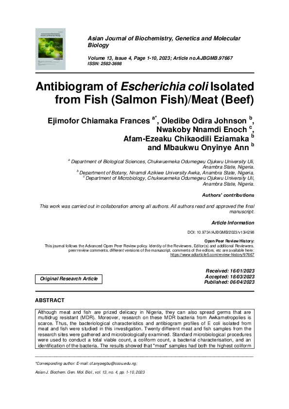 (PDF) Antibiogram of Escherichia coli Isolated from Fish (Salmon Fish ...