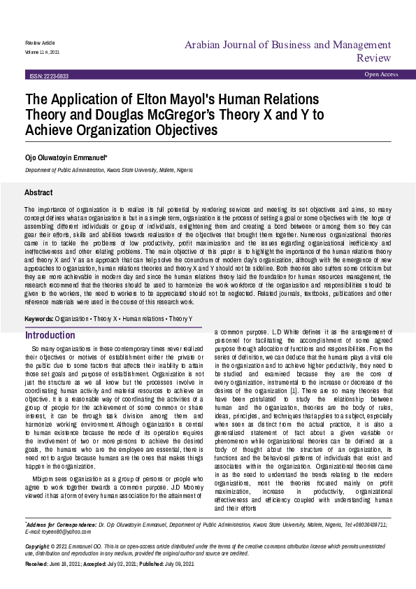 (PDF) The Application of Elton Mayol's Human Relations Theory and ...