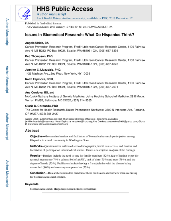 (PDF) Issues in Biomedical Research: What Do Hispanics Think?
