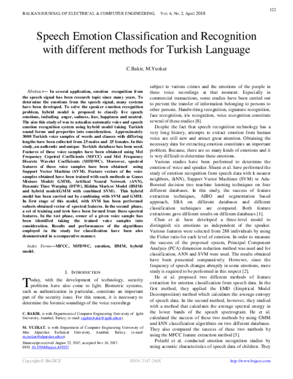 (PDF) Speech Emotion Classification and Recognition with different ...