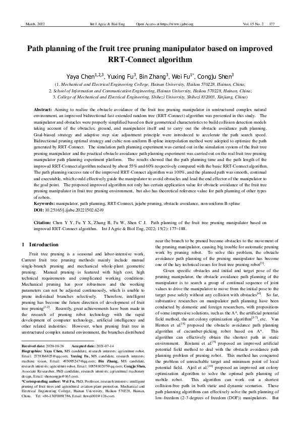 Pdf Path Planning Of The Fruit Tree Pruning Manipulator Based On Improved Rrt Connect Algorithm