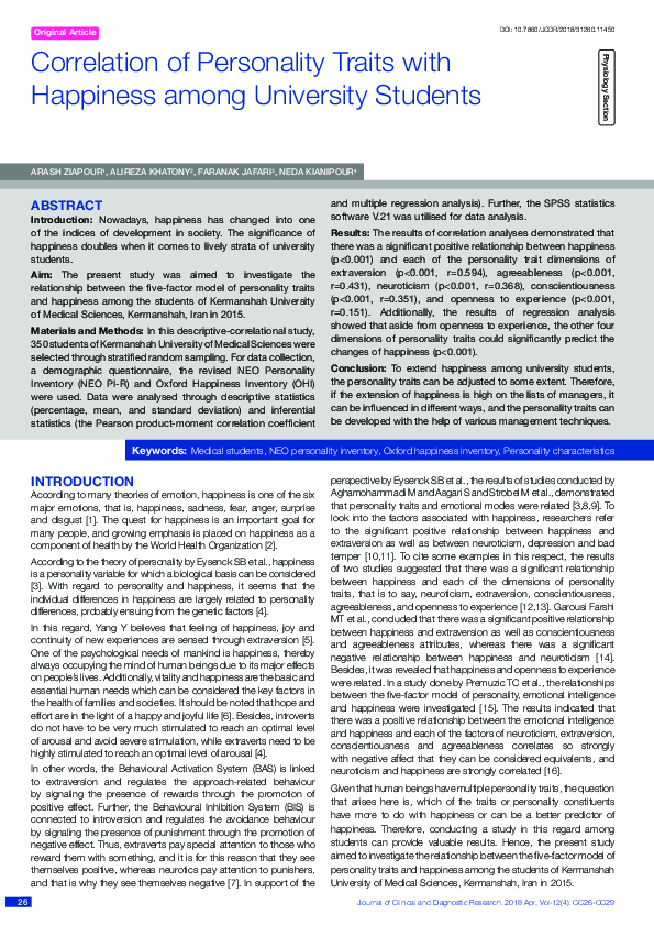 (PDF) Correlation of Personality Traits with Happiness among University Students