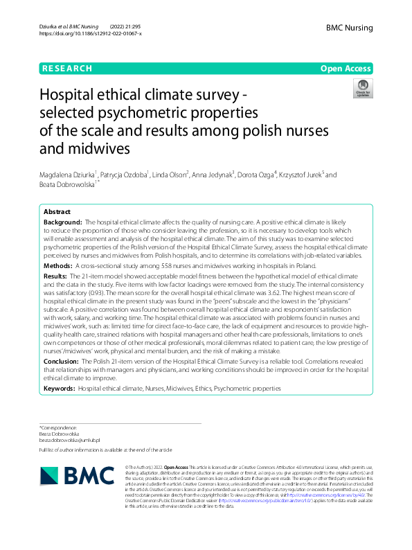 (PDF) Hospital ethical climate survey - selected psychometric ...