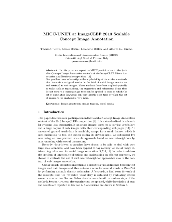 (PDF) MICC-UNIFI at ImageCLEF 2013 scalable concept image annotation ...