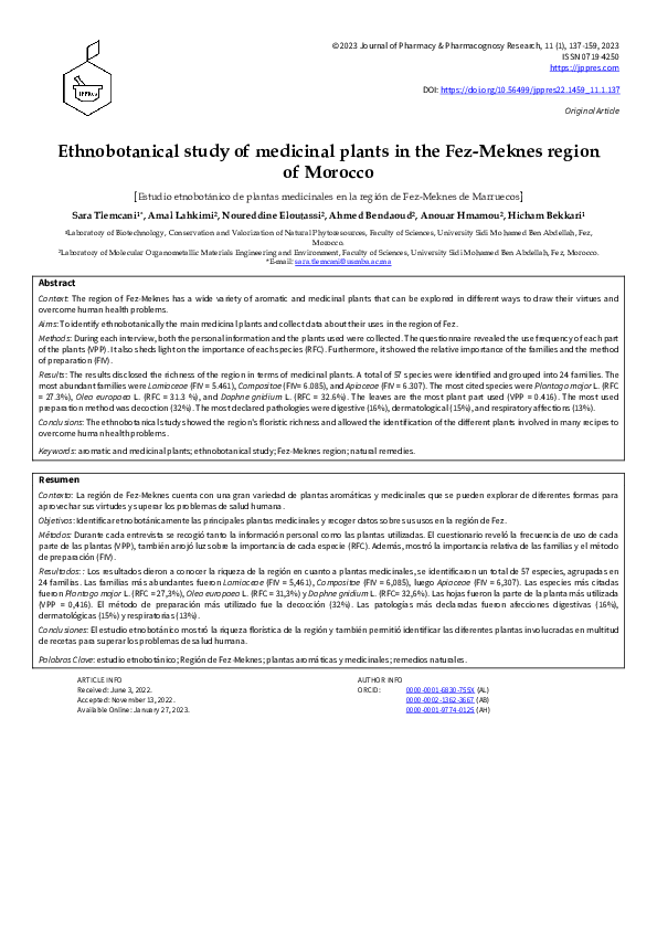 (PDF) Ethnobotanical study of medicinal plants in the Fez-Meknes region of Morocco