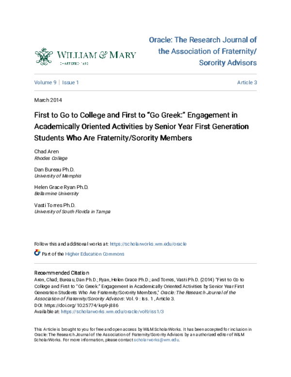 (PDF) First to Go to College and First to "Go Greek:" Engagement in ...