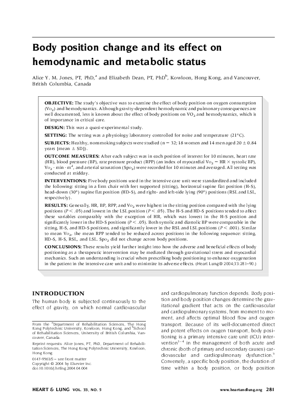 (PDF) Body position change and its effect on hemodynamic and metabolic ...