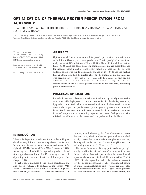 (PDF) Optimization of Thermal Protein Precipitation from Acid Whey